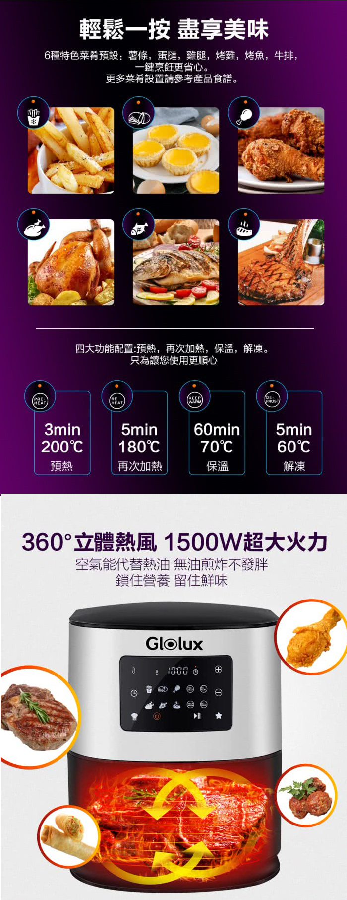 【Glolux】觸控式氣炸鍋(6L)_廚房家電_家電_agriii團購-優惠不漏接