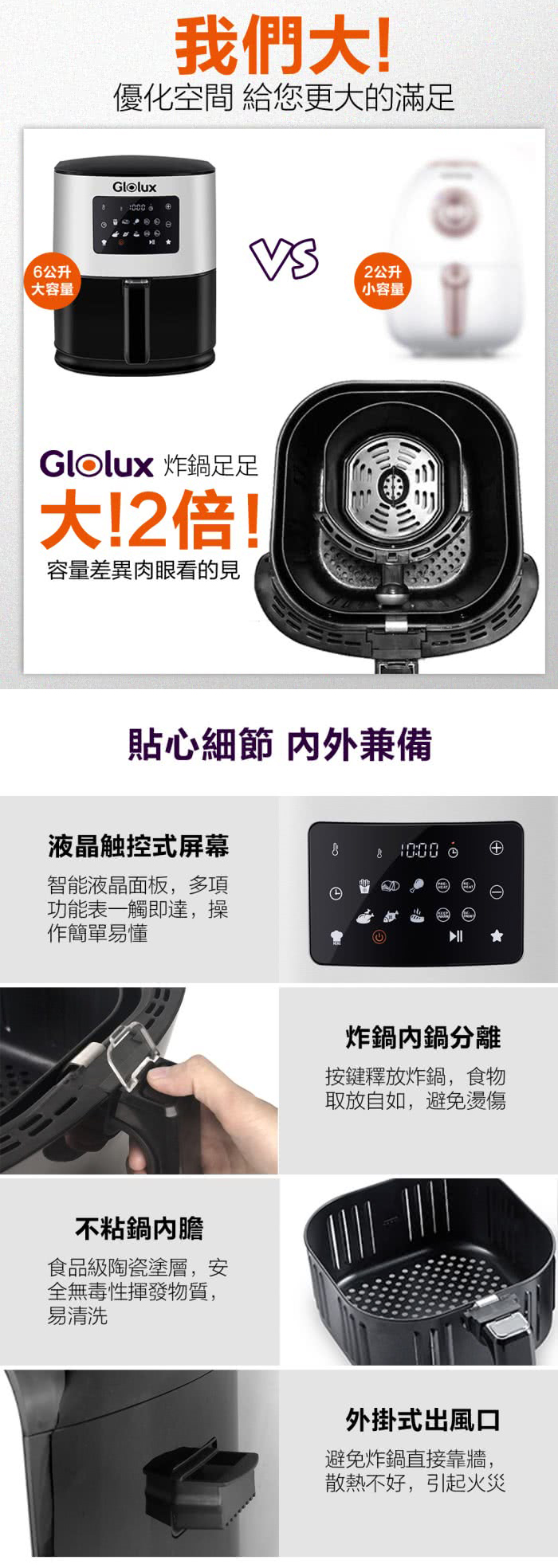【Glolux】觸控式氣炸鍋(6L)_廚房家電_家電_agriii團購-優惠不漏接